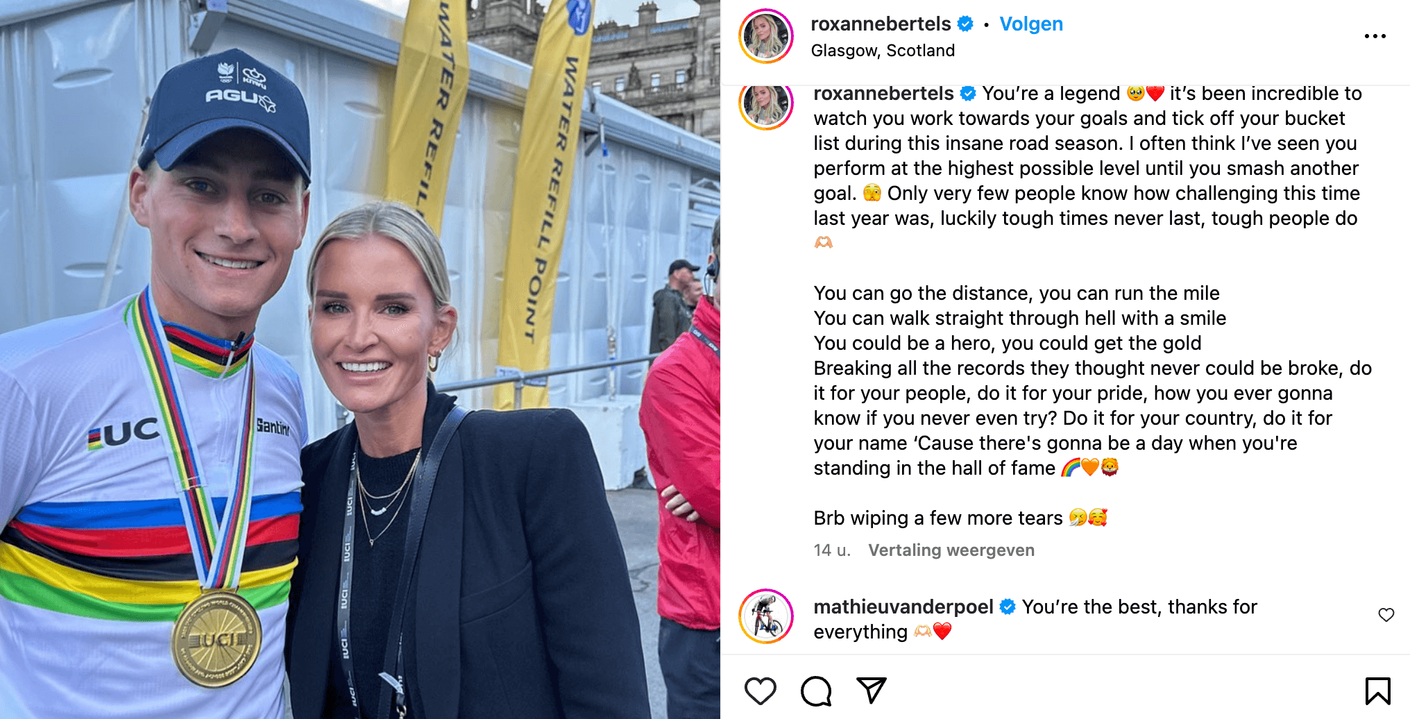 Vriendin Roxanne Bertels schrijft 'liefdesbrief' aan sportman Van der ...